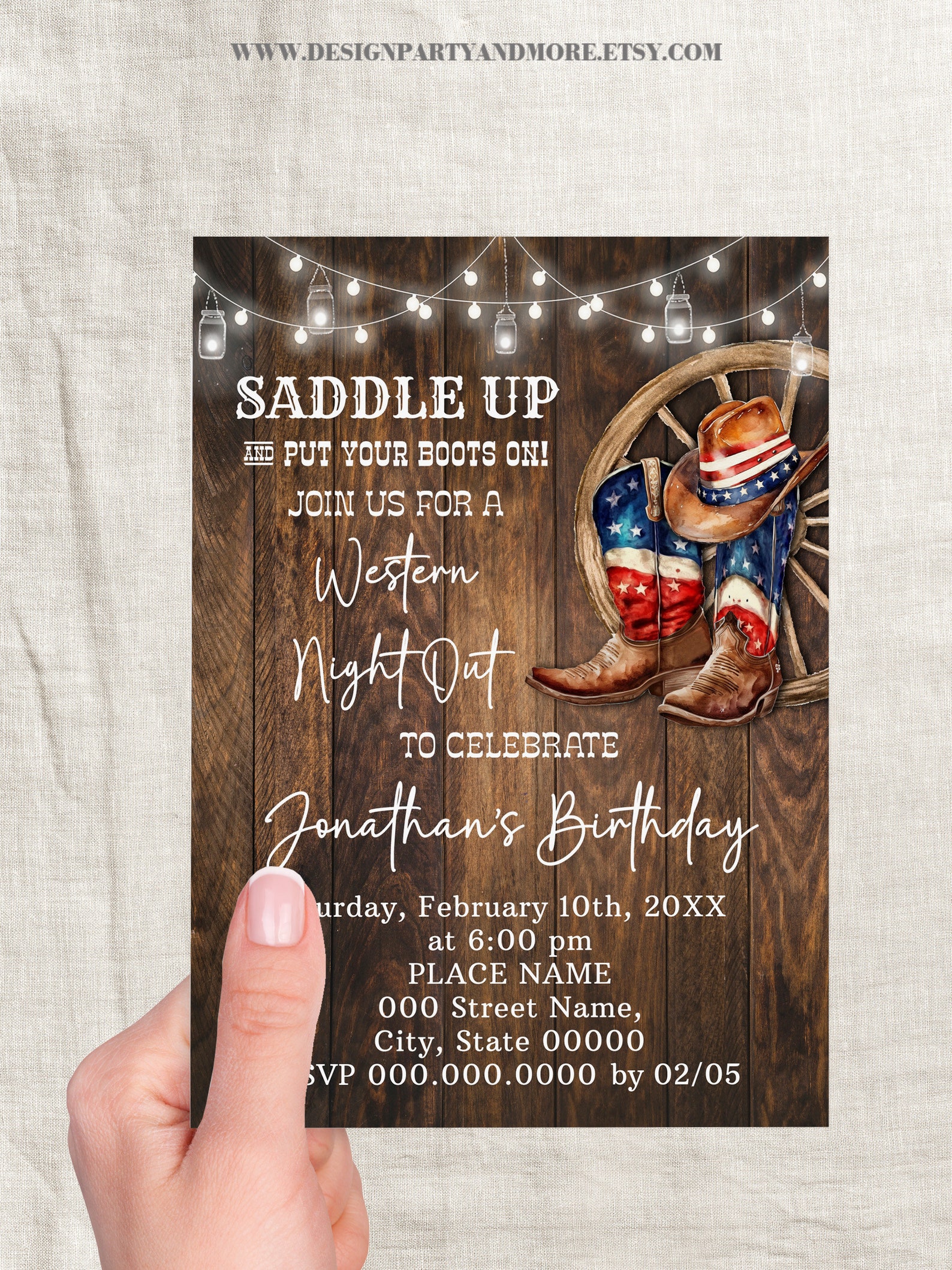 Patriotic Western Night Out Birthday Party Invitation, Saddle up Put ...