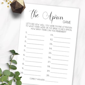 The Apron Game Minimalist Bridal Shower, Memory Bridal Game, Simple ...
