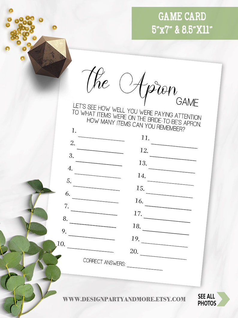 The Apron Game Minimalist Bridal Shower, Memory Bridal Game, Simple ...