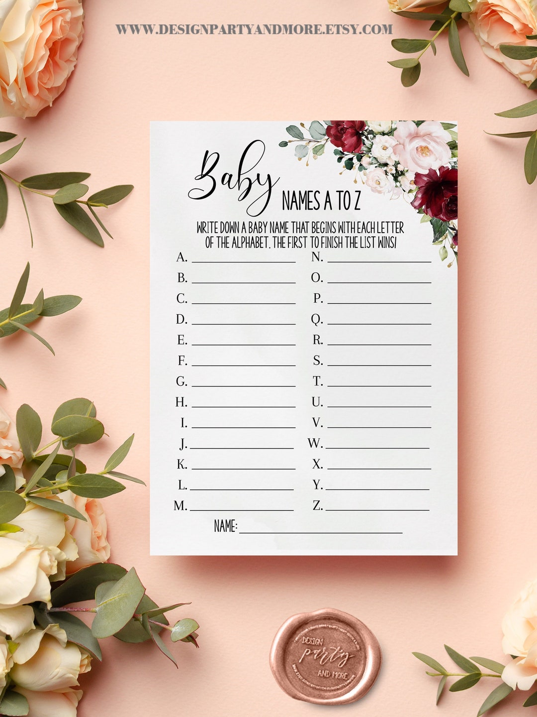 Baby Names A to Z Baby Shower Game, Marsala Baby Shower Game, List Baby ...