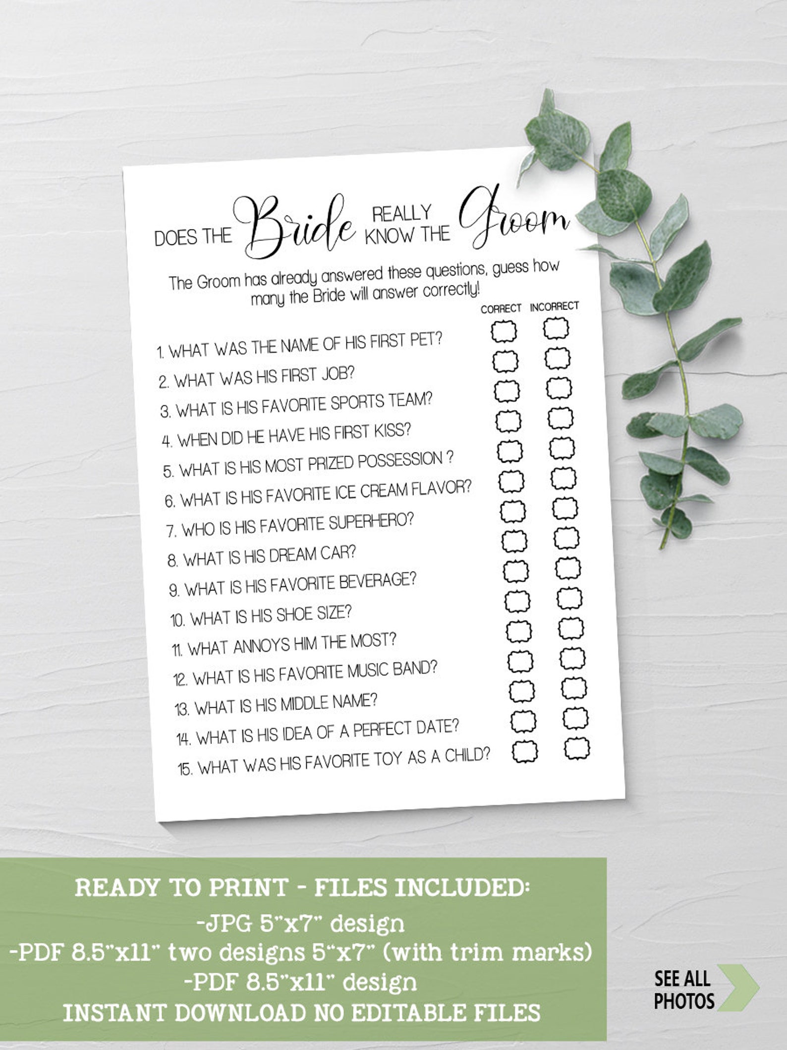 Does Bride Know the Groom Minimalist Bridal Shower Game, Simple Elegant ...