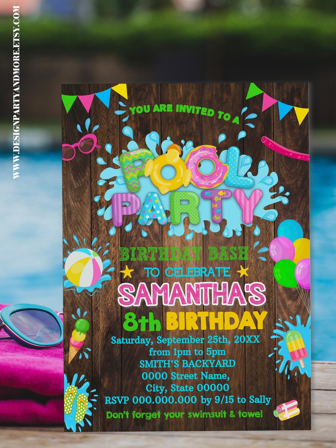 Pool Party Summer Birthday Bash Invitation Pink Green Purple Girl ...