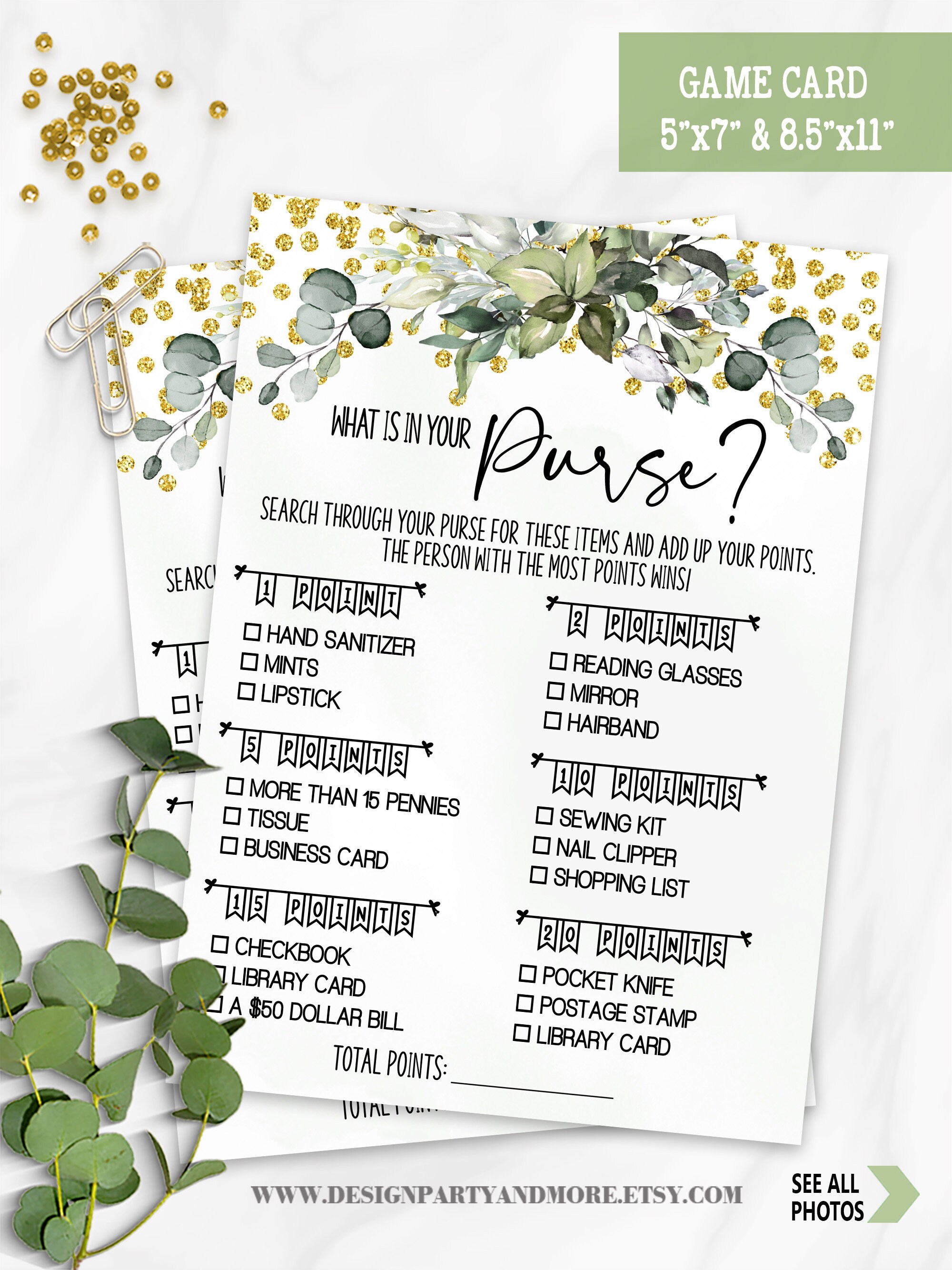What is in Your Purse Bridal Shower Game Find in Your Purse Eucalyptus ...