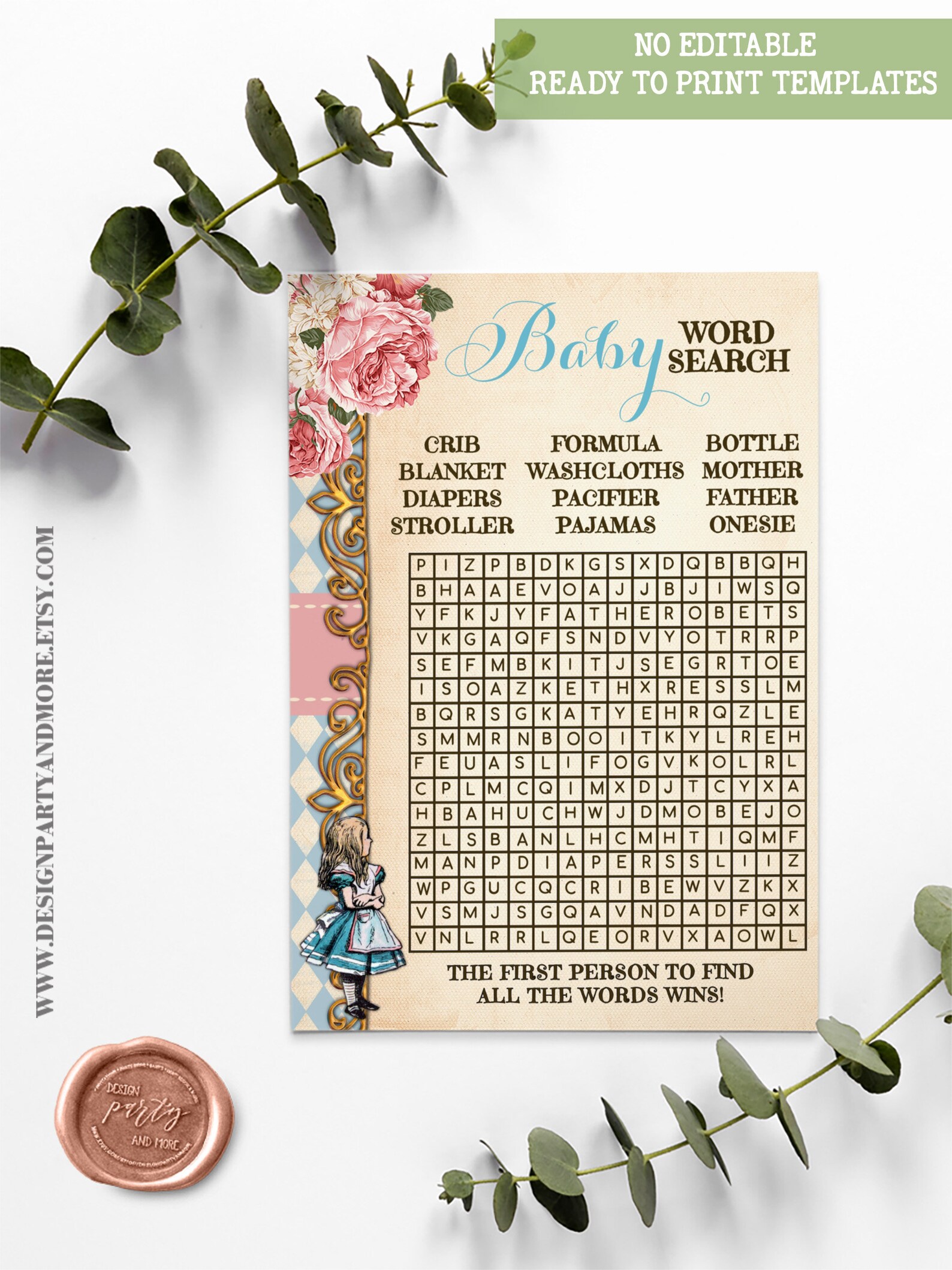 Word Search Baby Shower Game, Find Baby Words Game, Alice in Wonderland ...