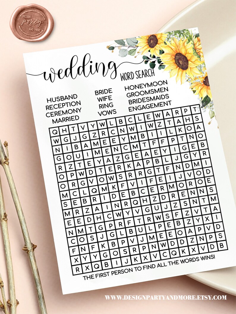 Wedding Word Search Bridal Shower Game, Sunflowers Greenery Country ...