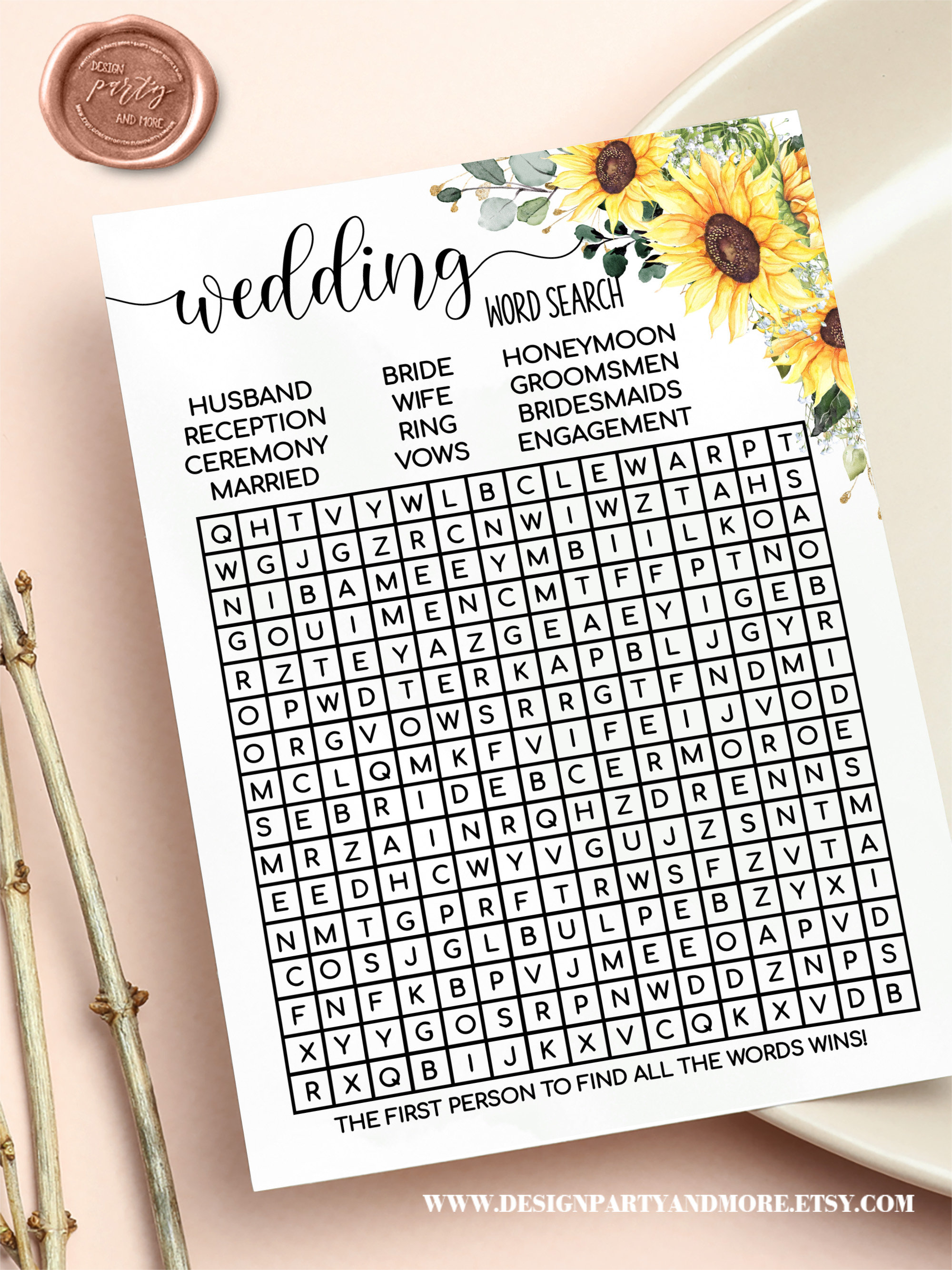 Wedding Word Search Bridal Shower Game, Sunflowers Greenery Country ...