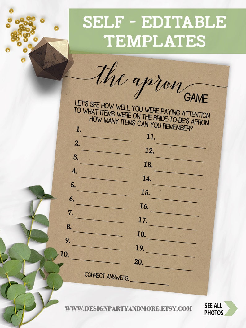 The Apron Game Rustic Bridal Shower Memory Kraft Game Western Country