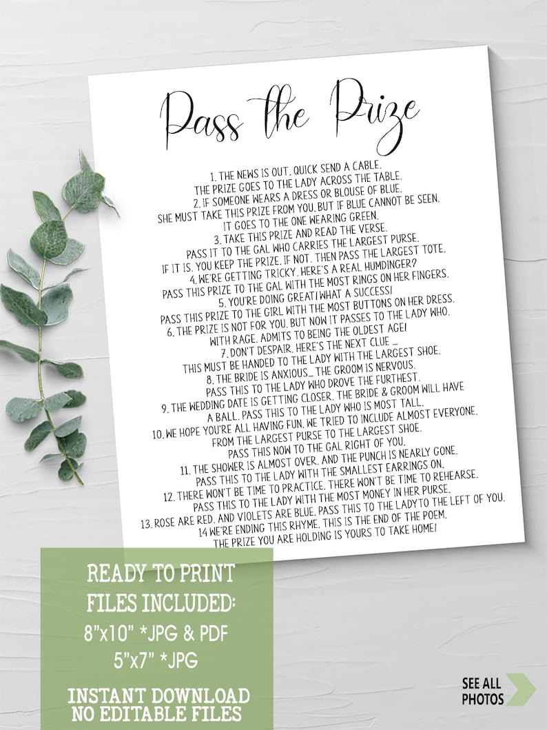 Minimalist Pass the Prize Poem Bridal Shower Game (printable Instant ...