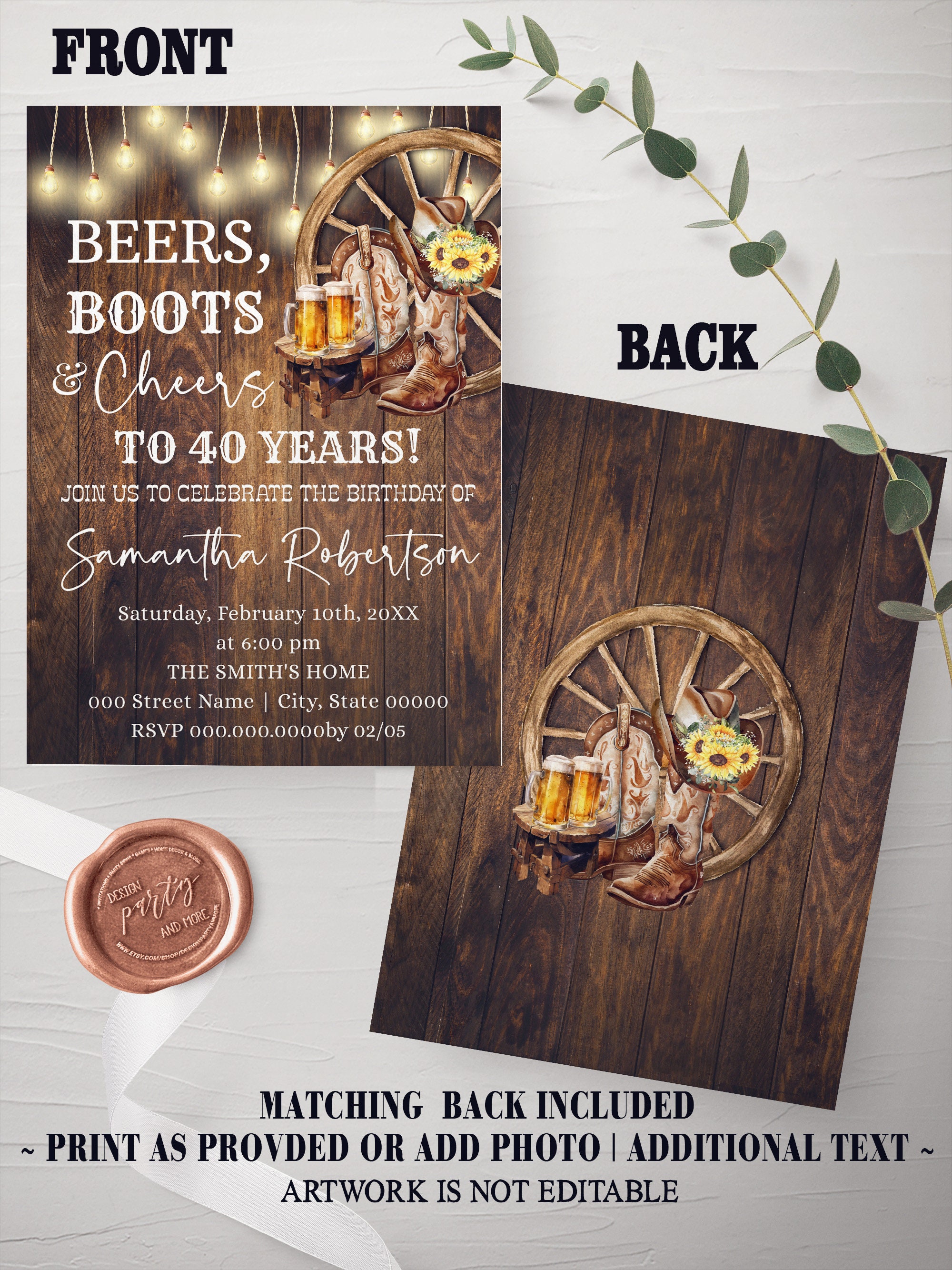 Sunflowers Beer Boots & Cheers Western Birthday Party Invitation, Country Rustic Wood Digital ...