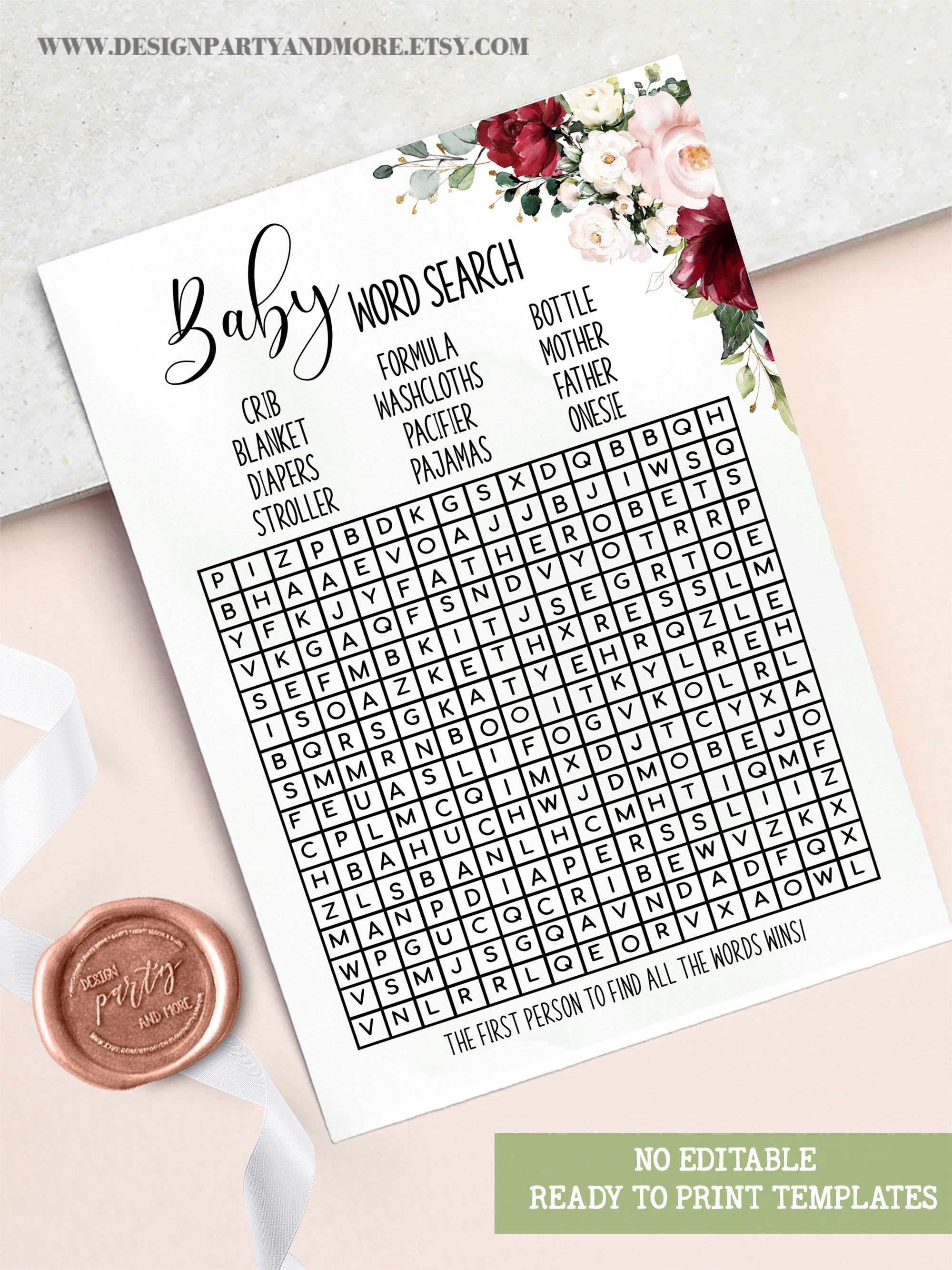 Marsala Word Search Baby Shower Game, Country Western Baby Shower, Find ...