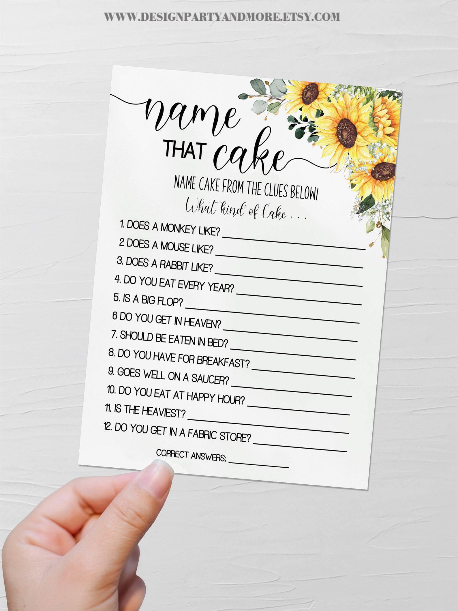 Name That Cake Bridal Shower Game, Guess the Cake Name, Sunflowers Greenery Country Chic Wedding ...