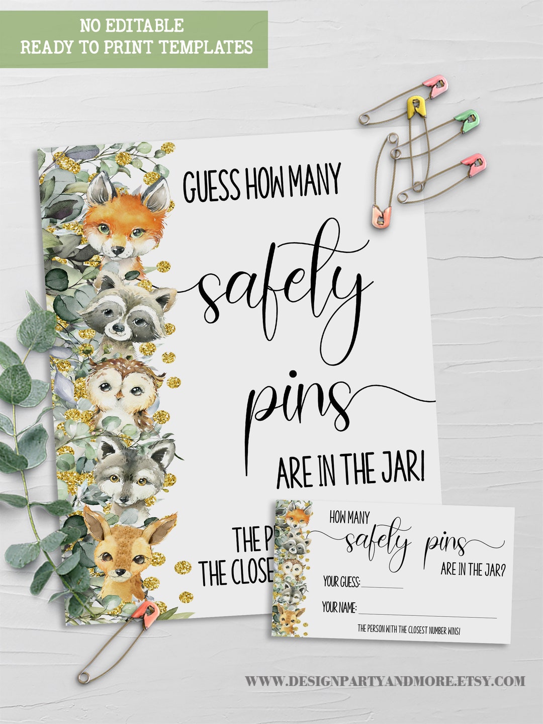 Forest Animals Guess How Many Safety Pins Baby Shower Game, Woodland ...