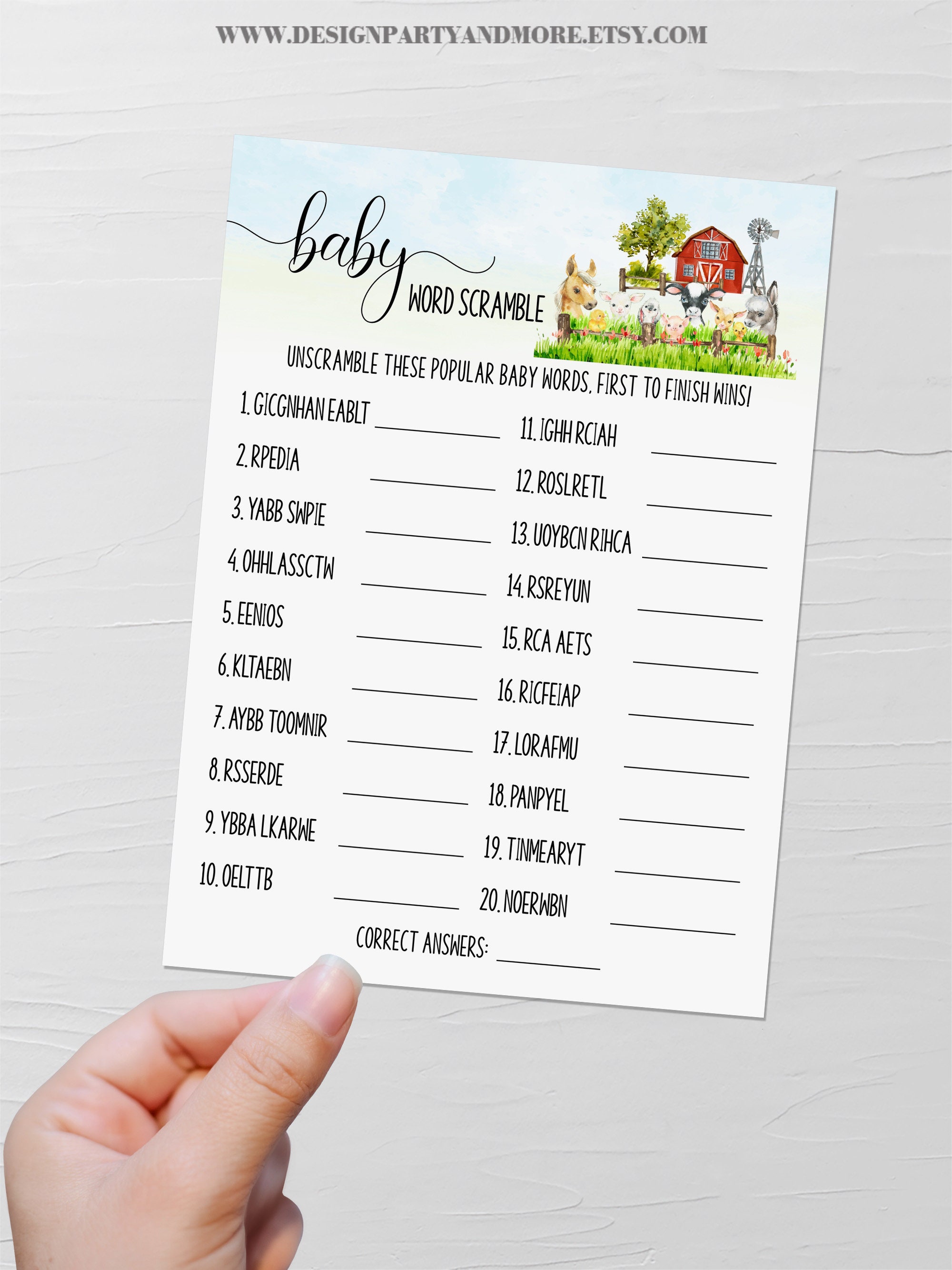 Farm Animals Baby Word Scramble Baby Shower Game, Ranch Animals Baby ...