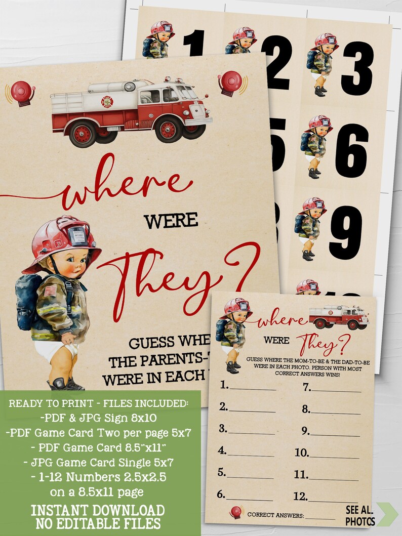 Little Firefighter Where Were They Baby Shower Game, Fireman Fire Truck ...