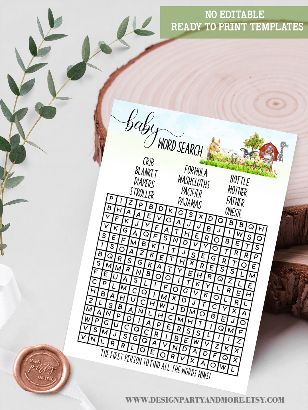 Farm Animals Word Search Baby Shower Game, Find Baby Words Game, Red ...