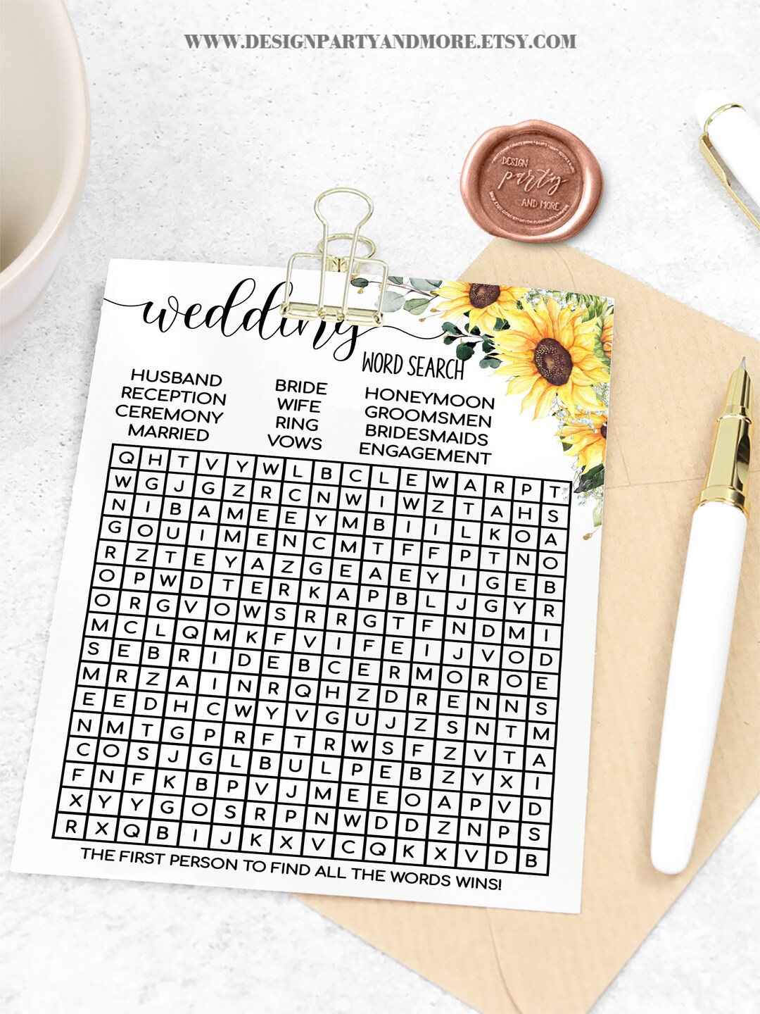 Wedding Word Search Bridal Shower Game, Sunflowers Greenery Country ...