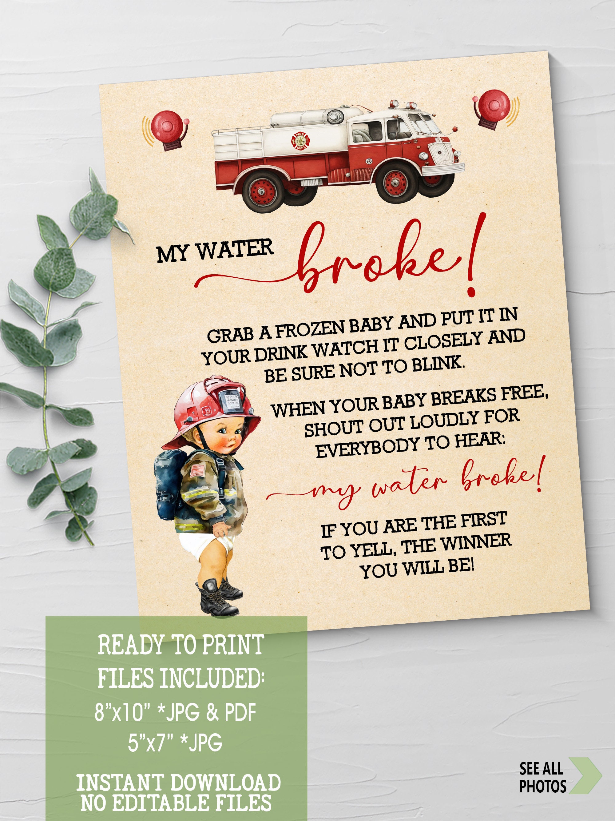 Little Firefighter My Water Broke Baby Shower Game, Fireman Fire Truck ...