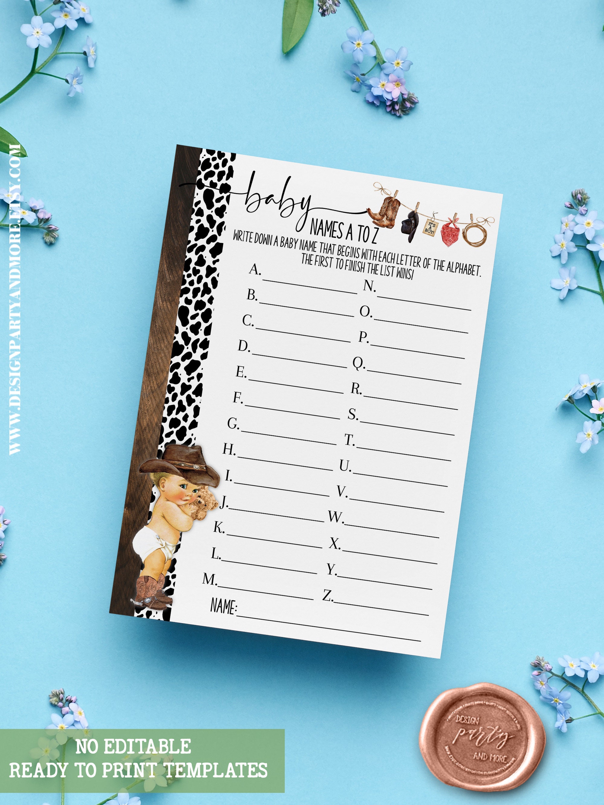 Cowboy Baby Names A to Z Baby Shower Game, Cow Country Western Chic ...