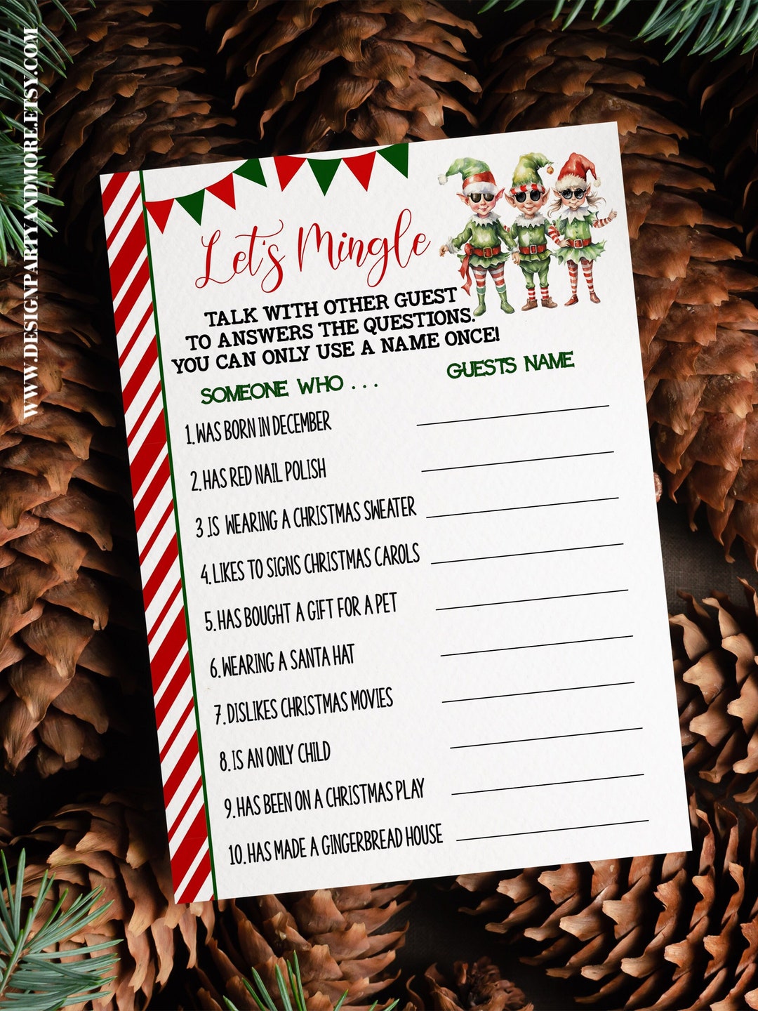 Christmas Let's Mingle Game, Find the Guest Game, Elves Christmas Party ...