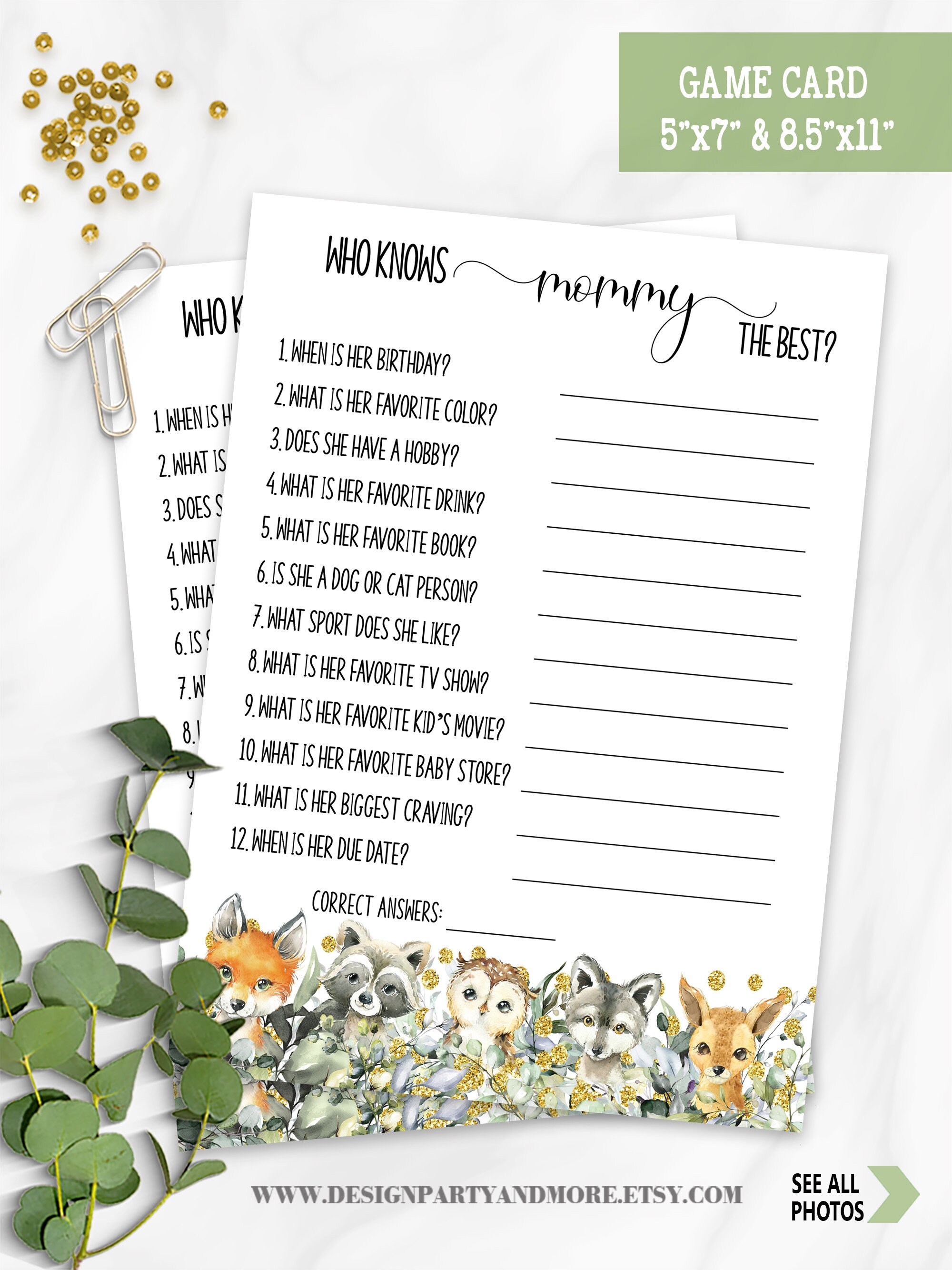Forest Animals Who Knows Mommy the Best Baby Shower Game Woodland ...