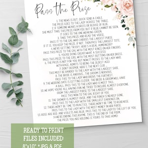 Pass the Prize Bridal Shower, Pass the Prize Poem, Pink Flowers Boho ...