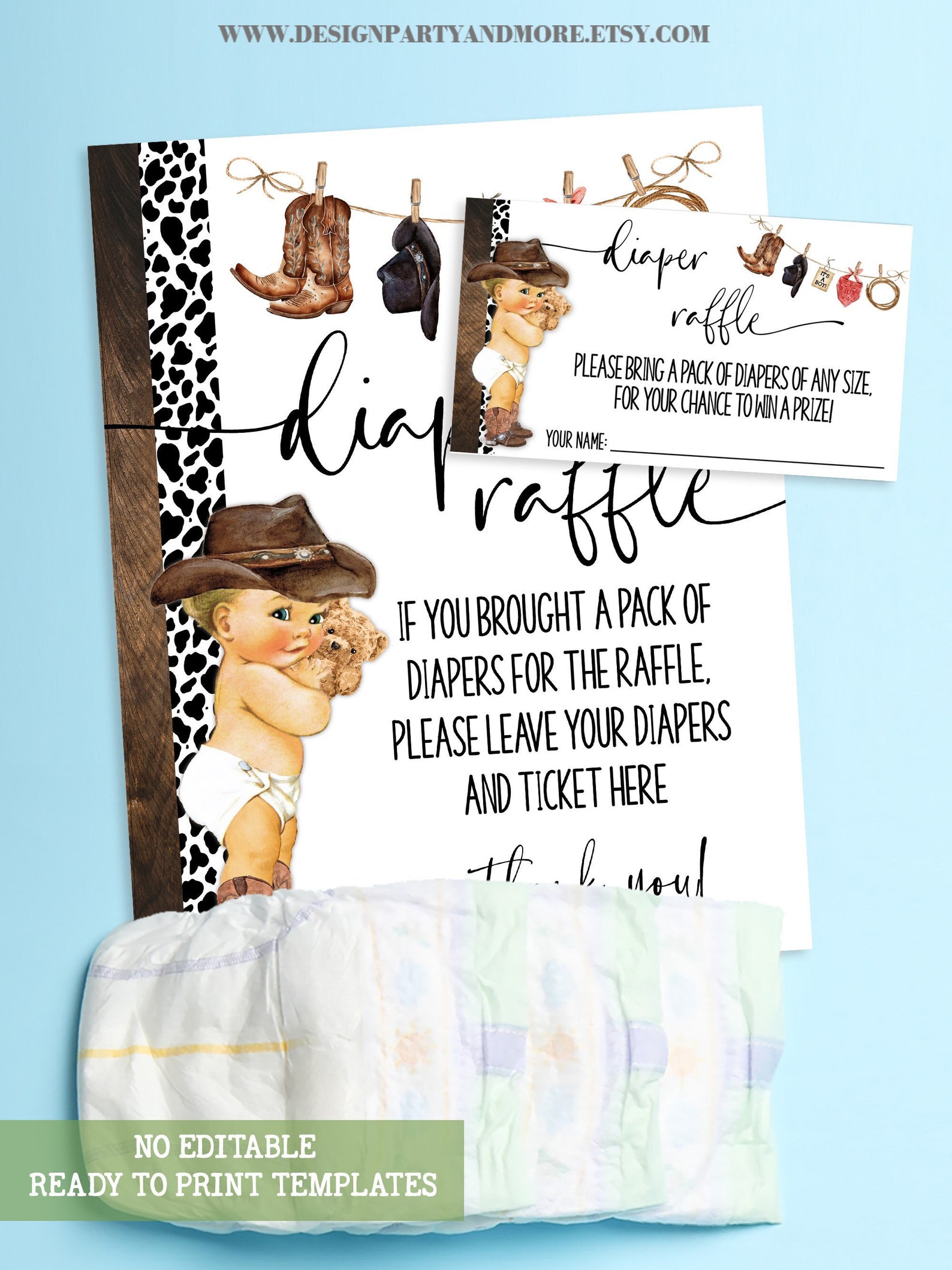 Cowboy Diaper Raffle Ticket & Sign, Bring Diapers for Prize Western ...