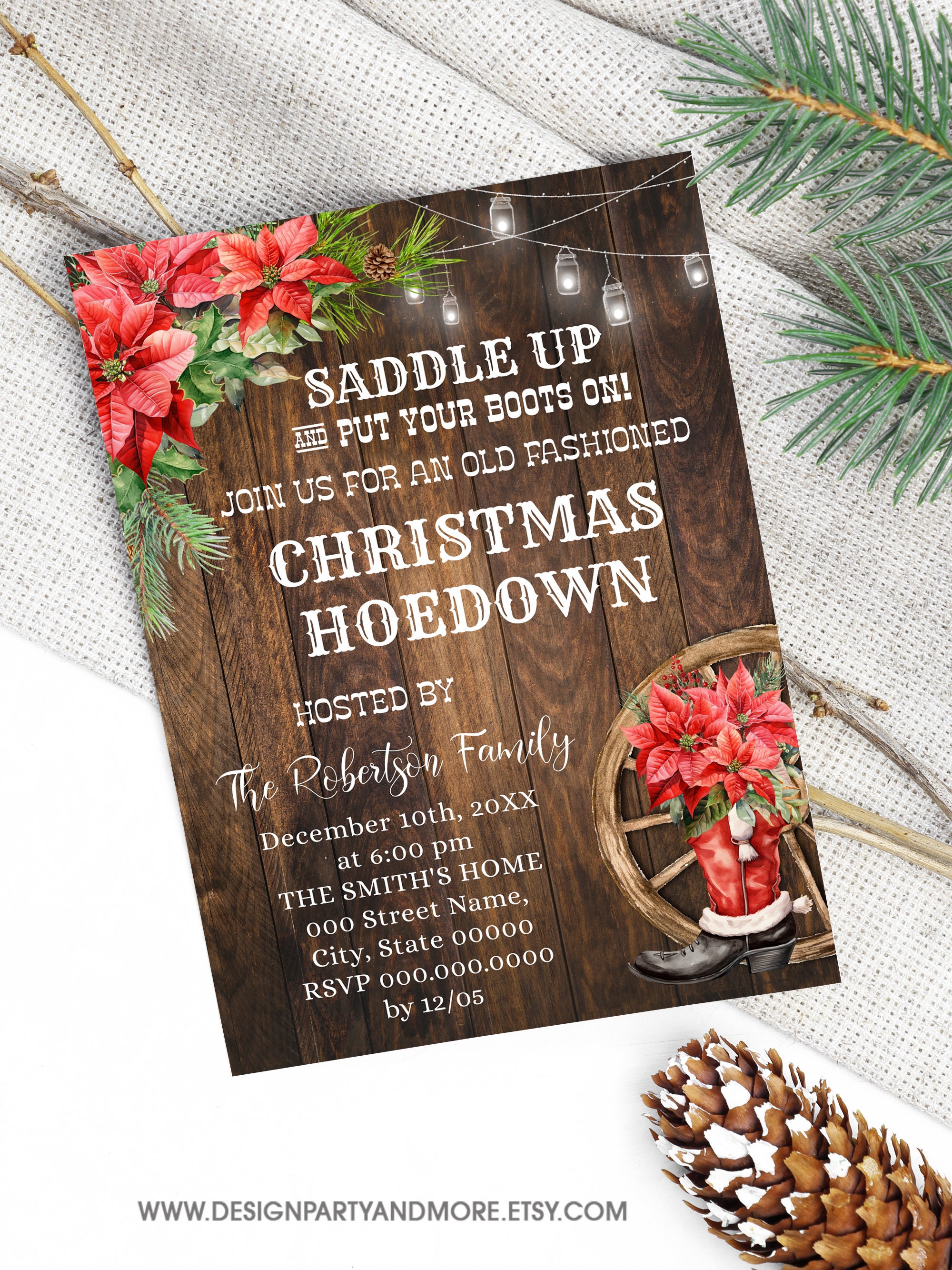 Western Christmas Party Invitation, Poinsettia Rustic Digital Invite ...