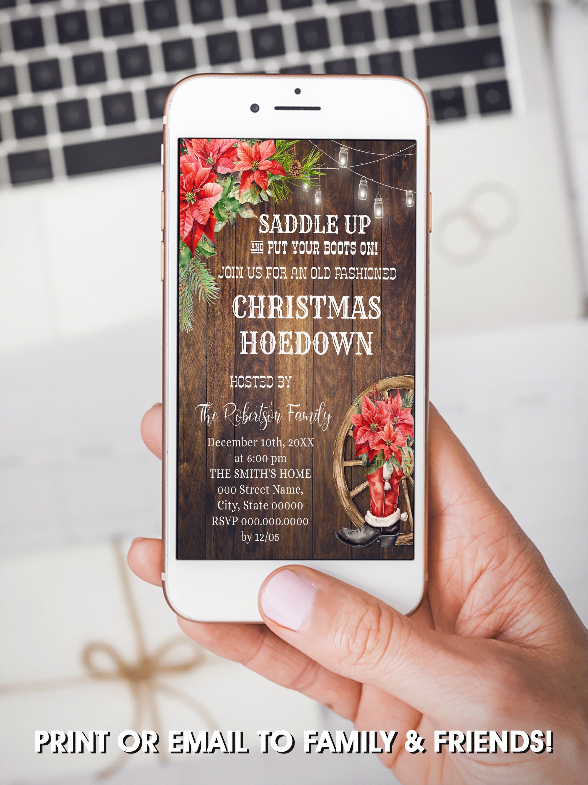 Western Christmas Party Invitation, Poinsettia Rustic Digital Invite ...