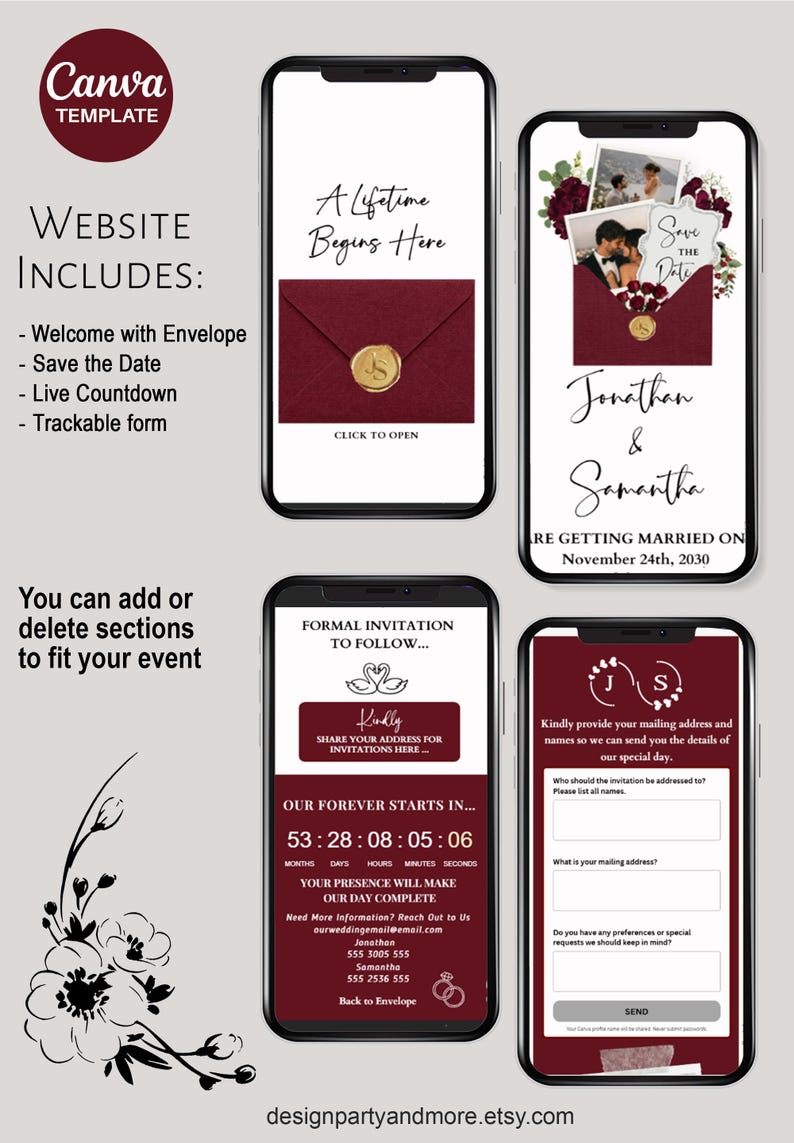 Old Money Burgundy Elegant Save the Date Digital Invitation Marsala ...
