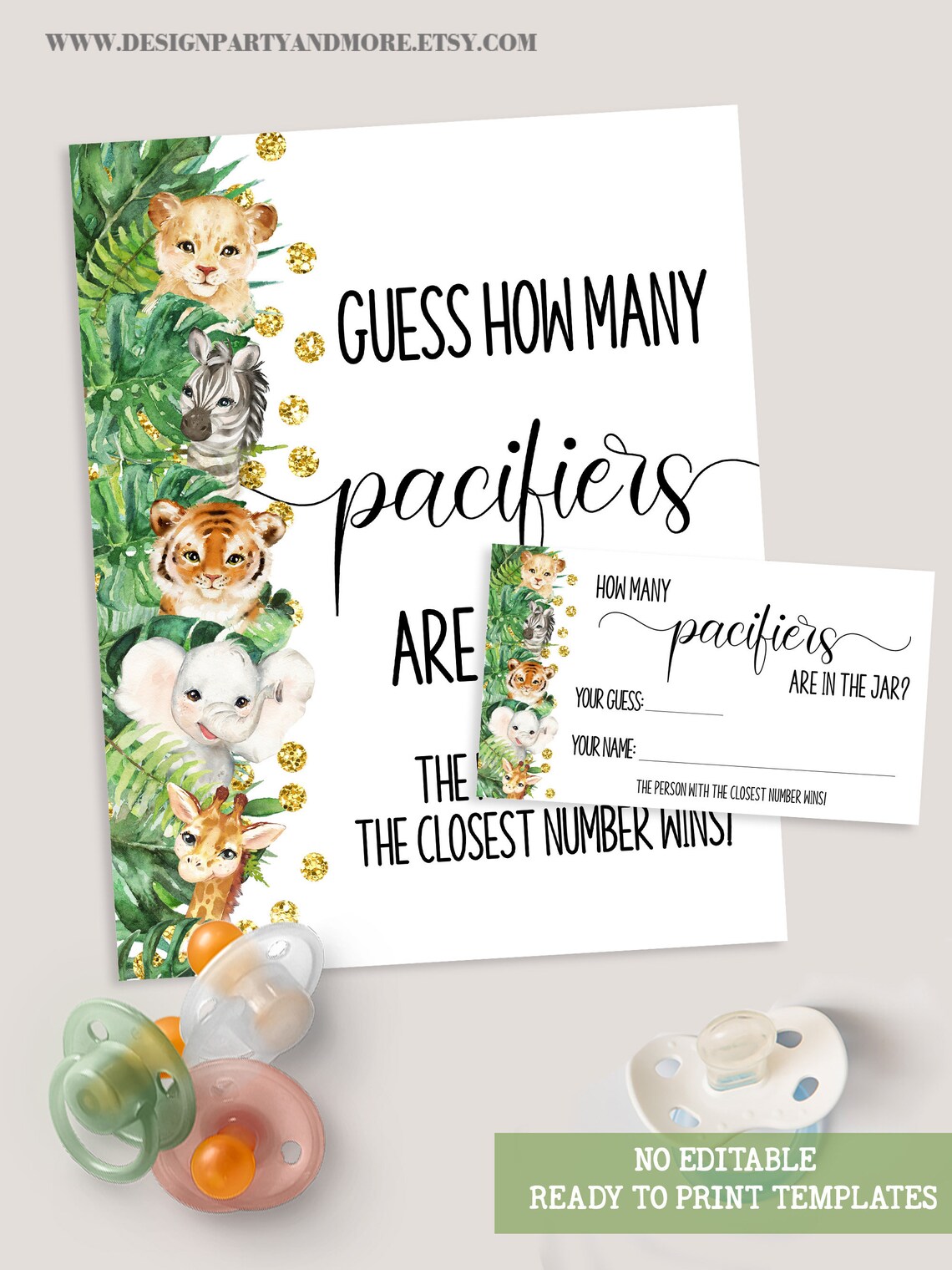 Safari Jungle Animals Baby Shower Game: Guess How Many Pacifiers ...