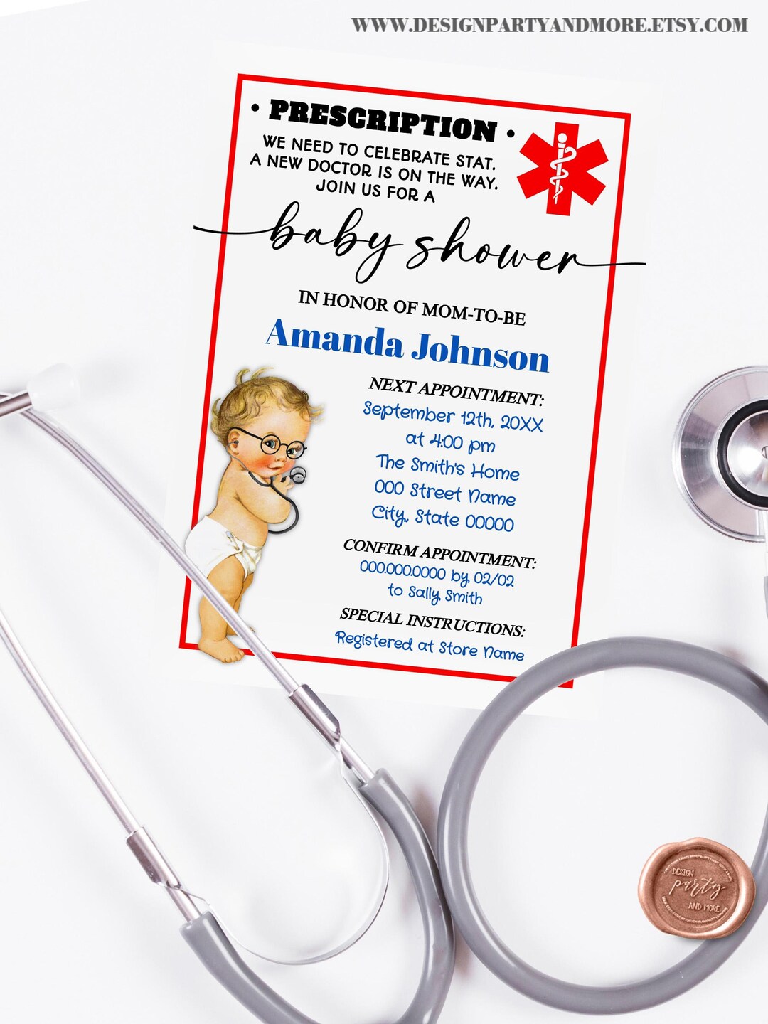 Doctor Baby Shower Invitation: Medical Theme (edit With Corjl) MB1015 ...