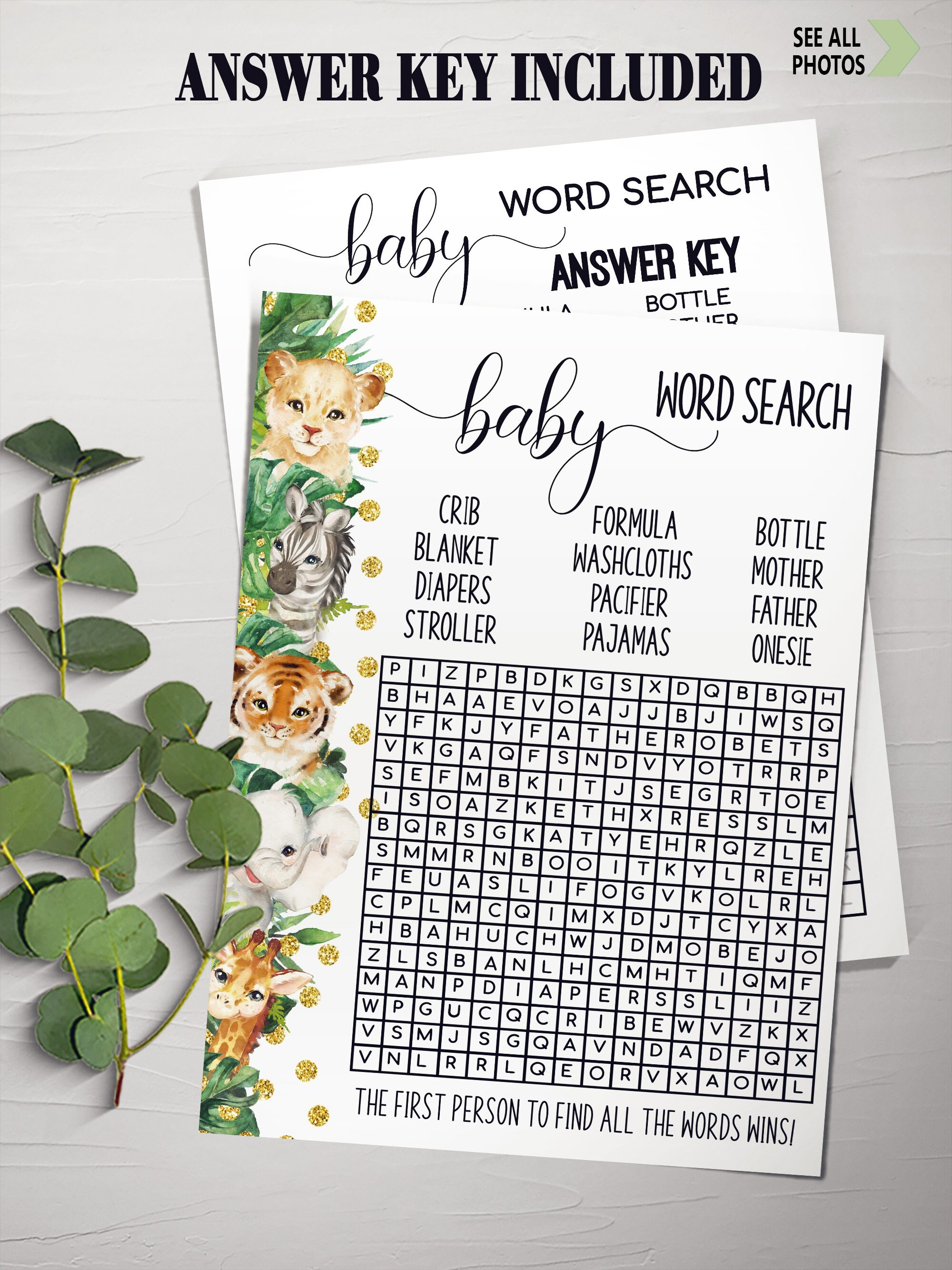 Safari Word Search Baby Shower Game, Find Baby Words Game, Wild One ...