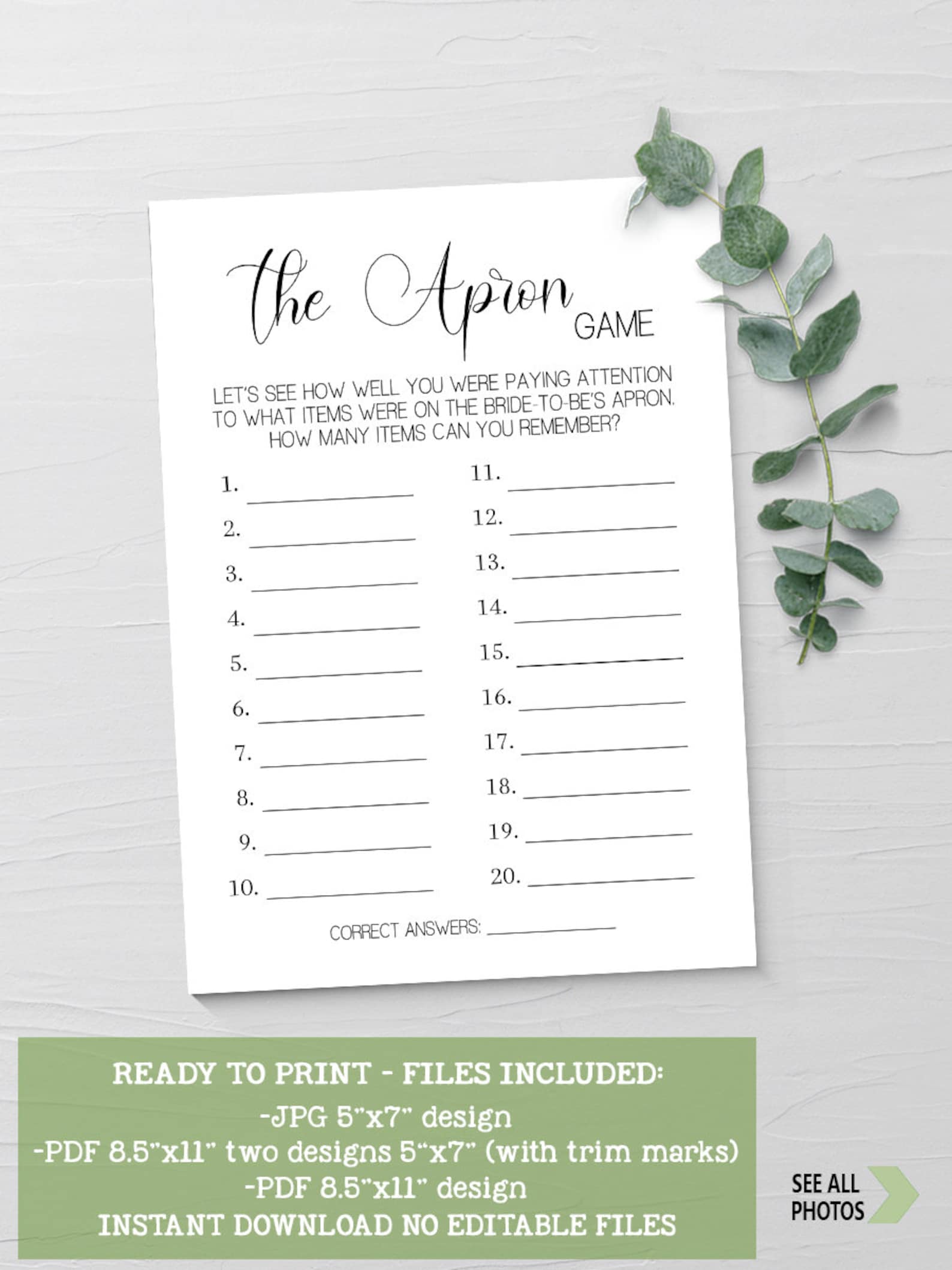 The Apron Game Minimalist Bridal Shower, Memory Bridal Game, Simple ...