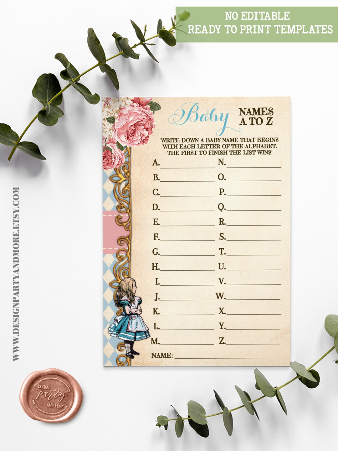 Baby Names A to Z Baby Shower Game Alice in Wonderland Baby Shower, Tea ...