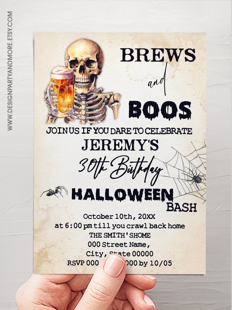 Brews and Boos Birthday Party Invitation, Skull Beer and Boos ...