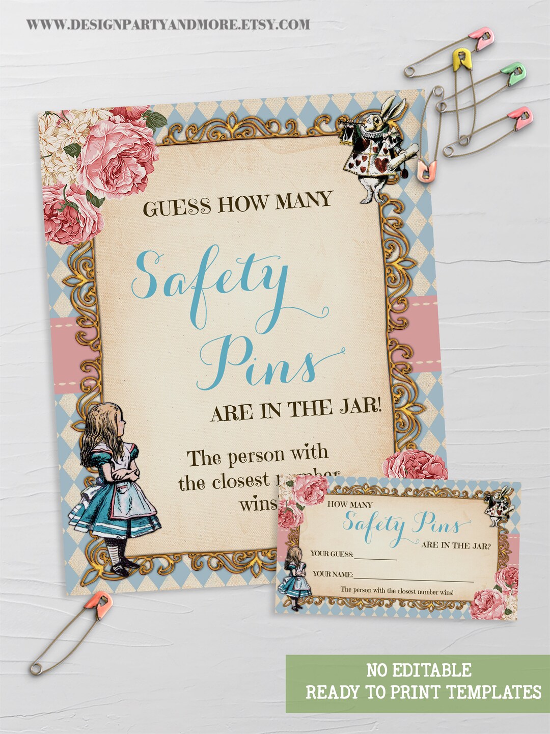 Guess How Many Safety Pins Baby Shower Game, Alice in Wonderland Baby ...