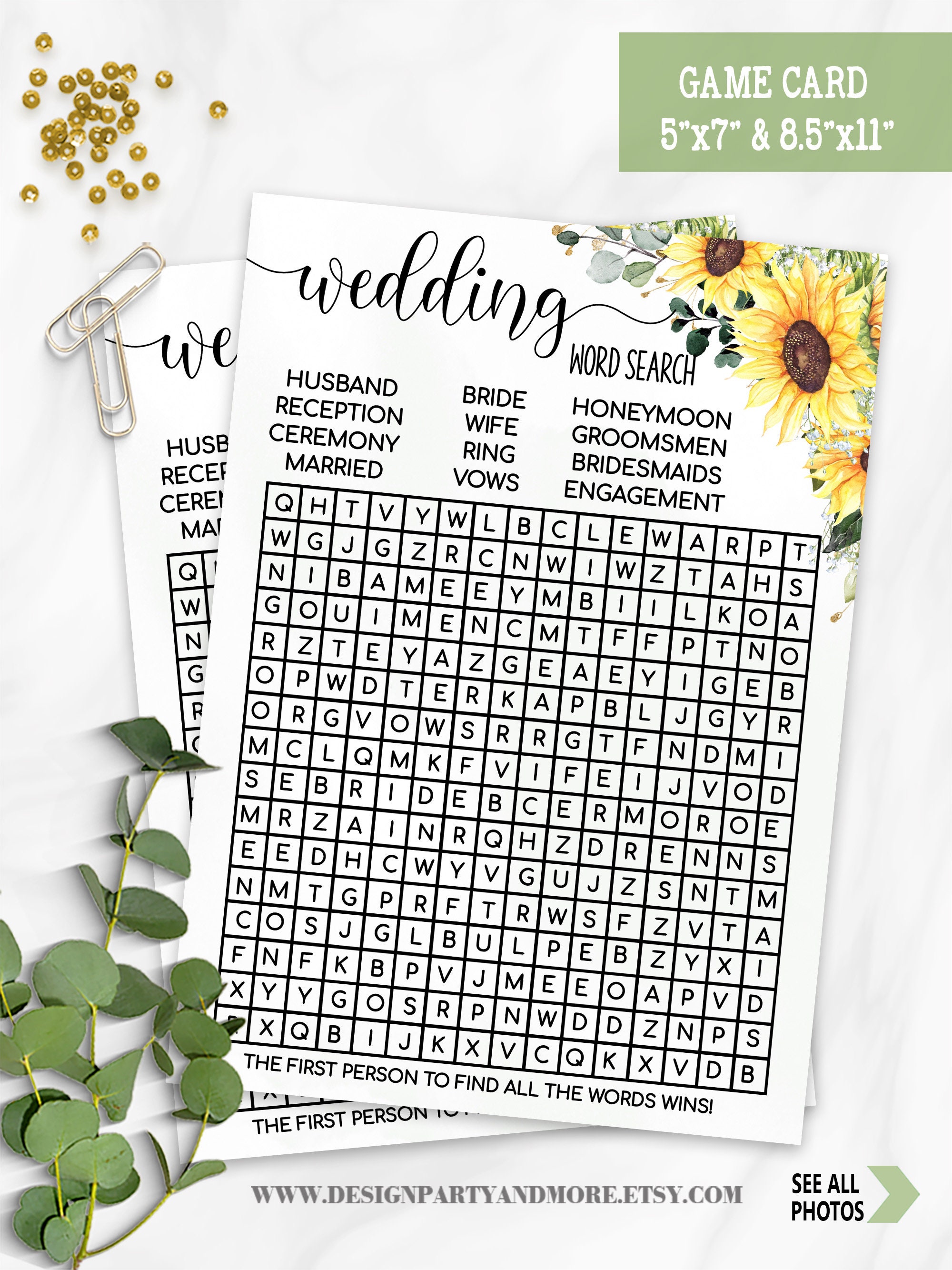 Wedding Word Search Bridal Shower Game, Sunflowers Greenery Country ...