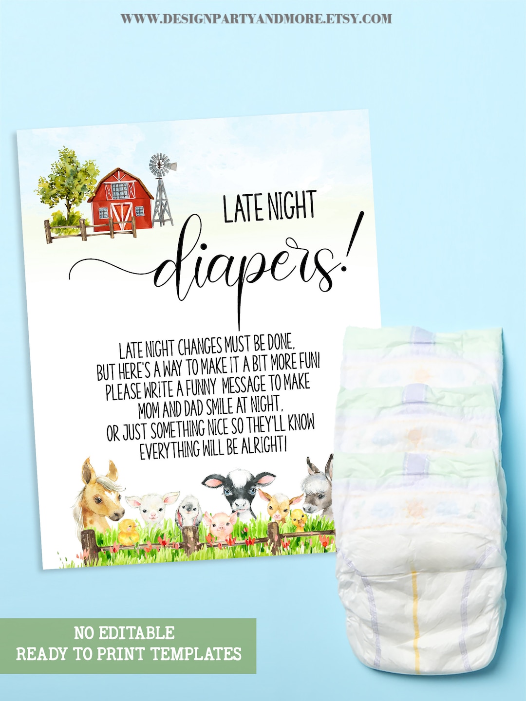 Farm Animals Late Night Diapers Game Leave a Note to Mom & Dad Baby ...