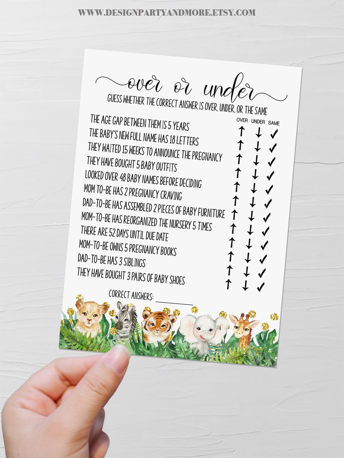Safari Over or Under Baby Shower Game, Tropical Jungle Baby Couples ...
