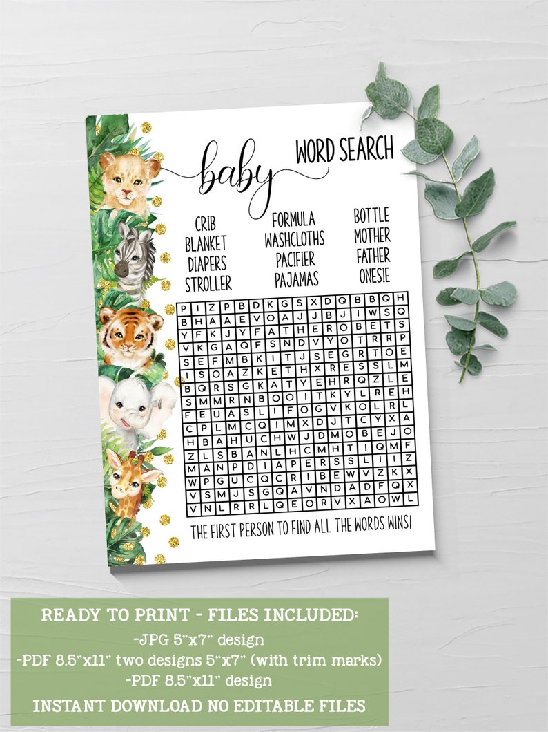 Safari Word Search Baby Shower Game, Find Baby Words Game, Wild One ...