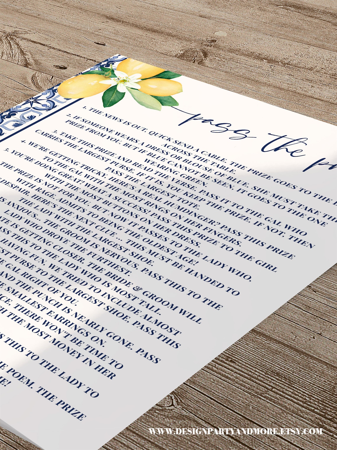 Pass the Prize Bridal Shower, Pass the Prize Poem, Blue Mediterranean ...