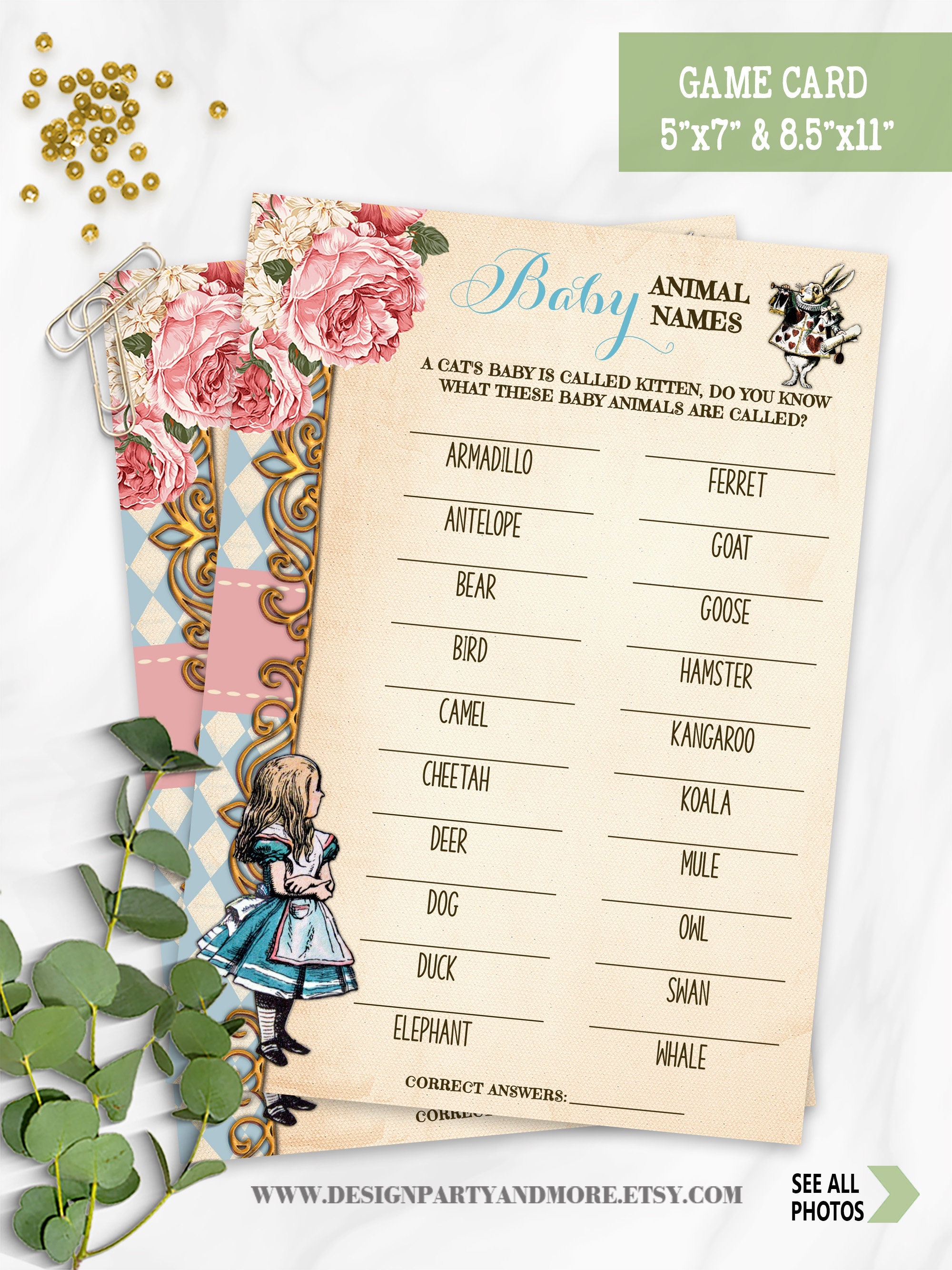 Baby Animals Name Baby Shower Game, Alice in Wonderland Baby Shower Tea ...