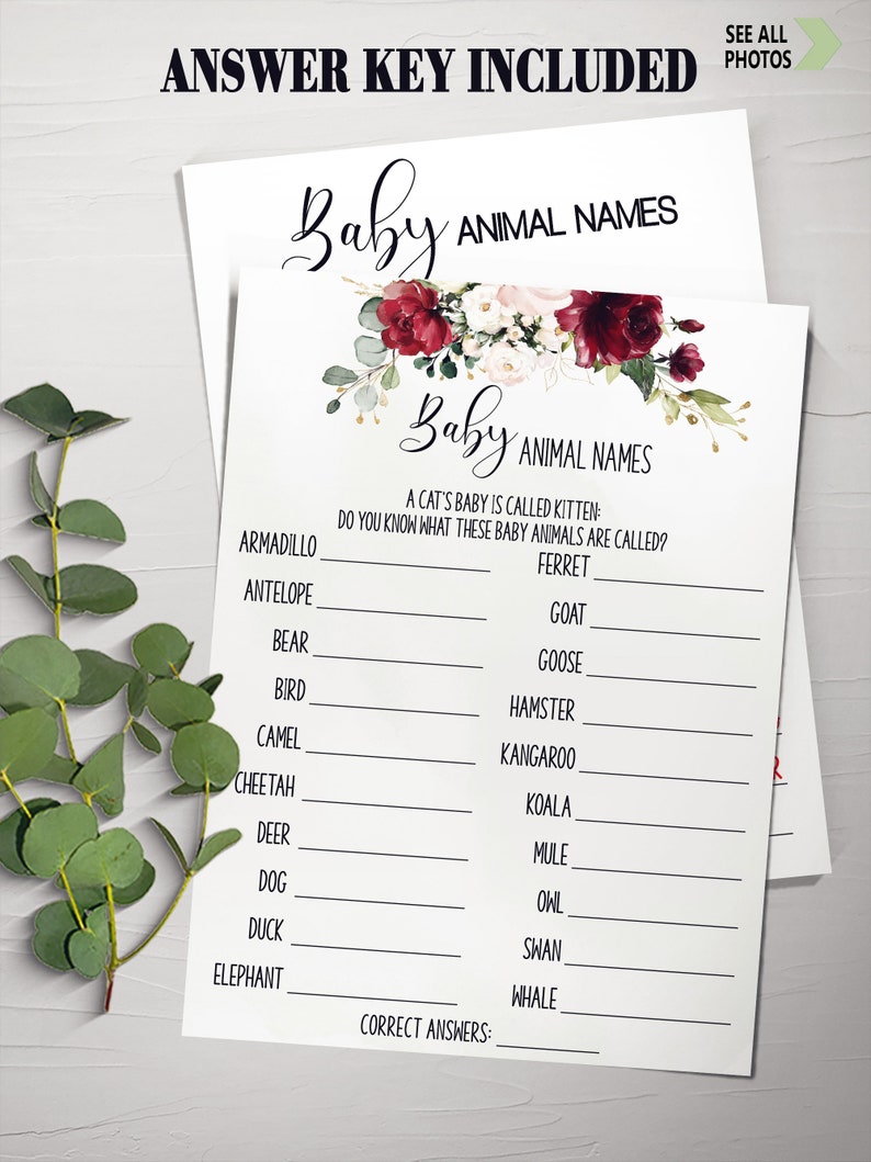Baby Animals Name Game, Marsala Country Baby Shower Game, Guess Baby ...