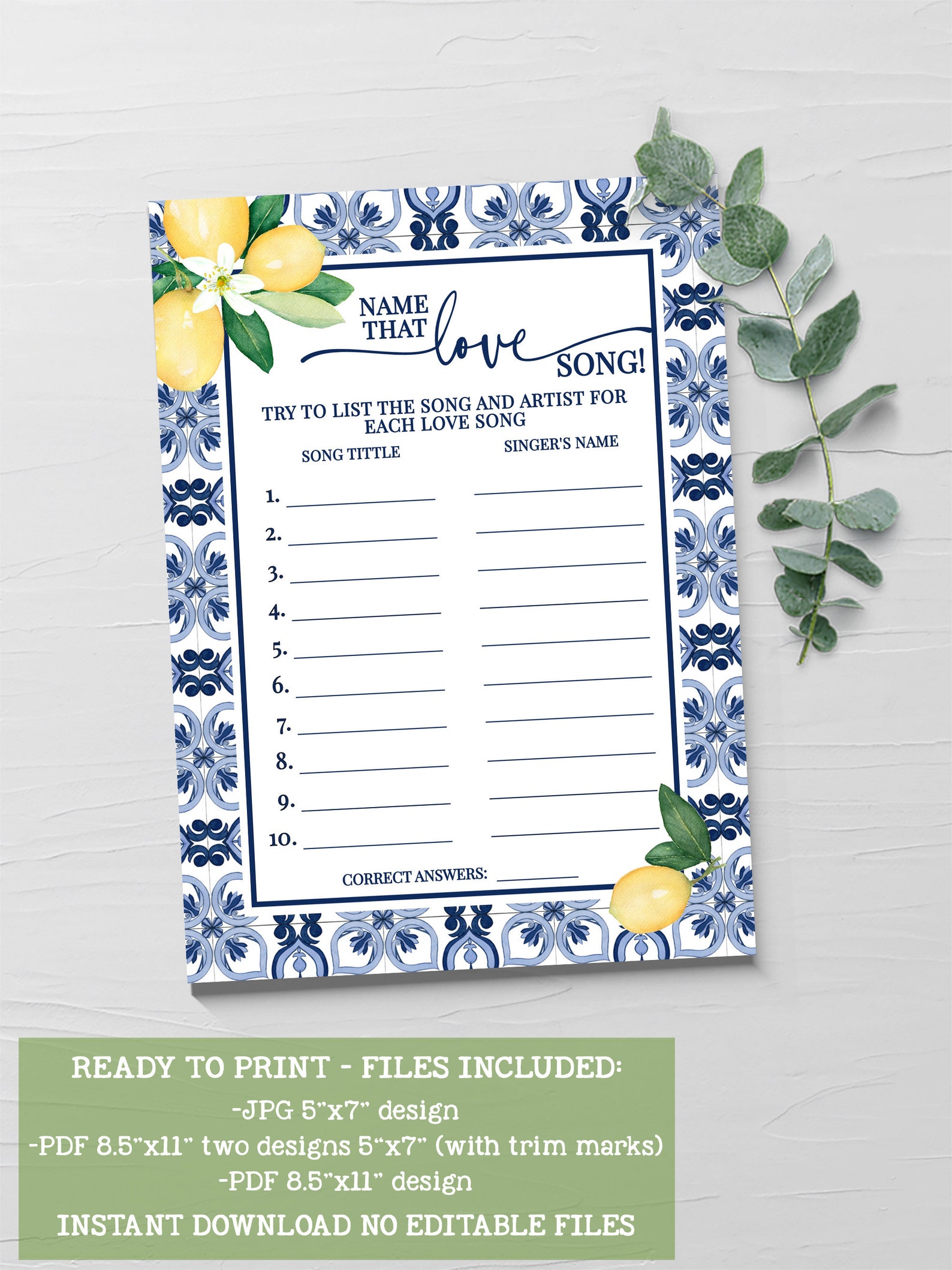Name That Love Song Bridal Shower Game, Blue Mediterranean Lemons ...