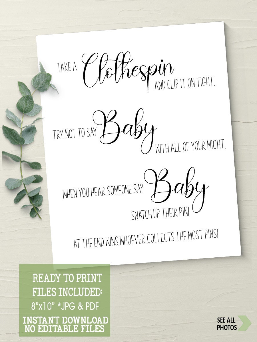 Don't Say Baby Shower Game, Clothespin Baby Shower Game, Minimalist ...