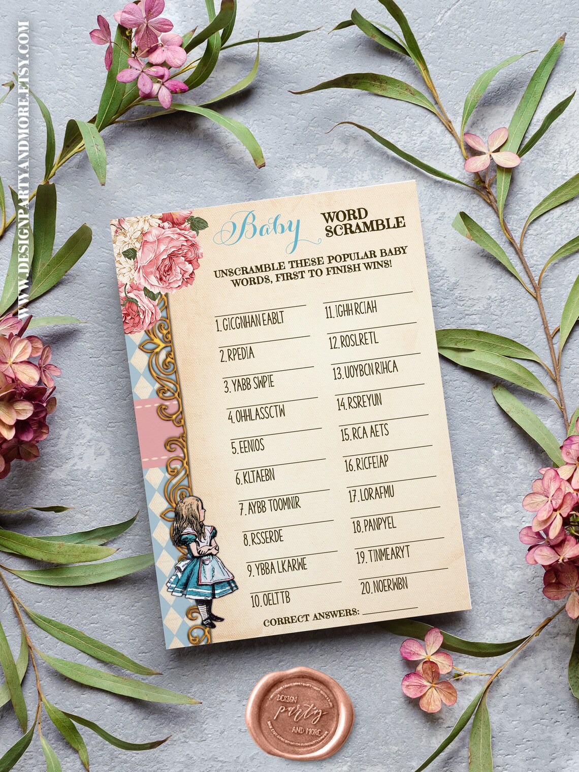 Baby Word Scramble Baby Shower Game, Alice in Wonderland Baby Shower ...