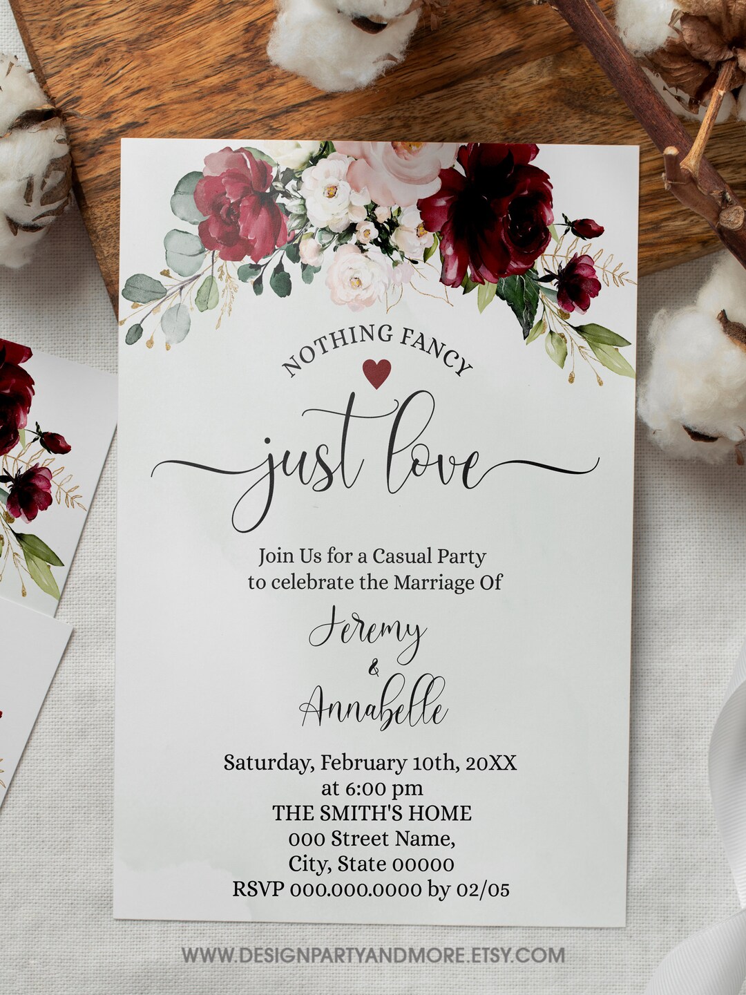 Marsala Floral After Wedding Invitation, Nothing Fancy Just Love Invite ...