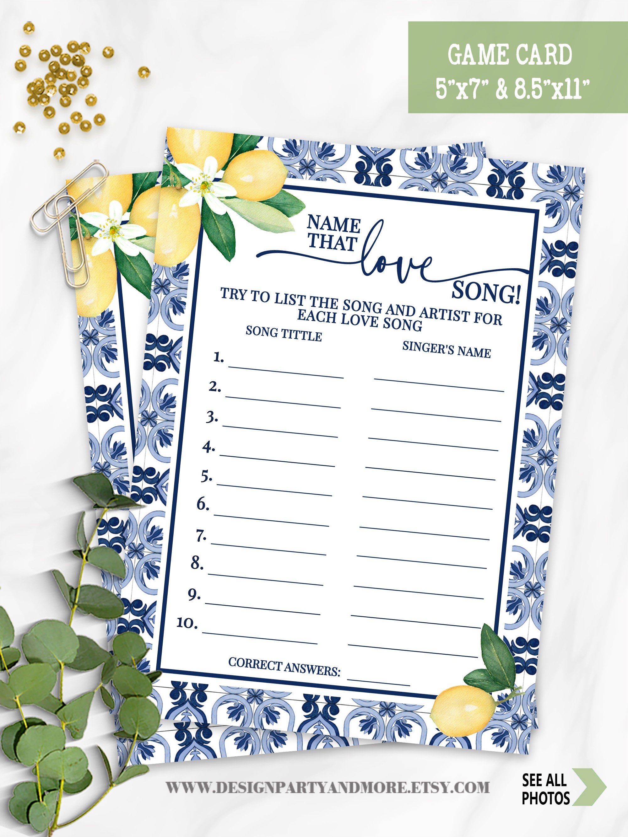 Name That Love Song Bridal Shower Game, Blue Mediterranean Lemons ...