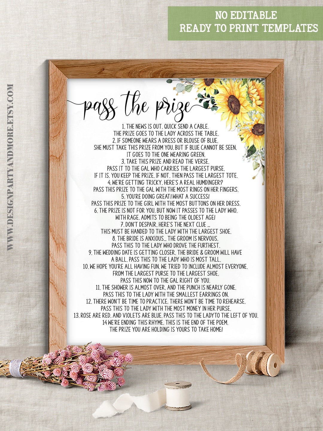 Pass the Prize Bridal Shower, Pass the Prize Poem, Sunflowers Greenery ...