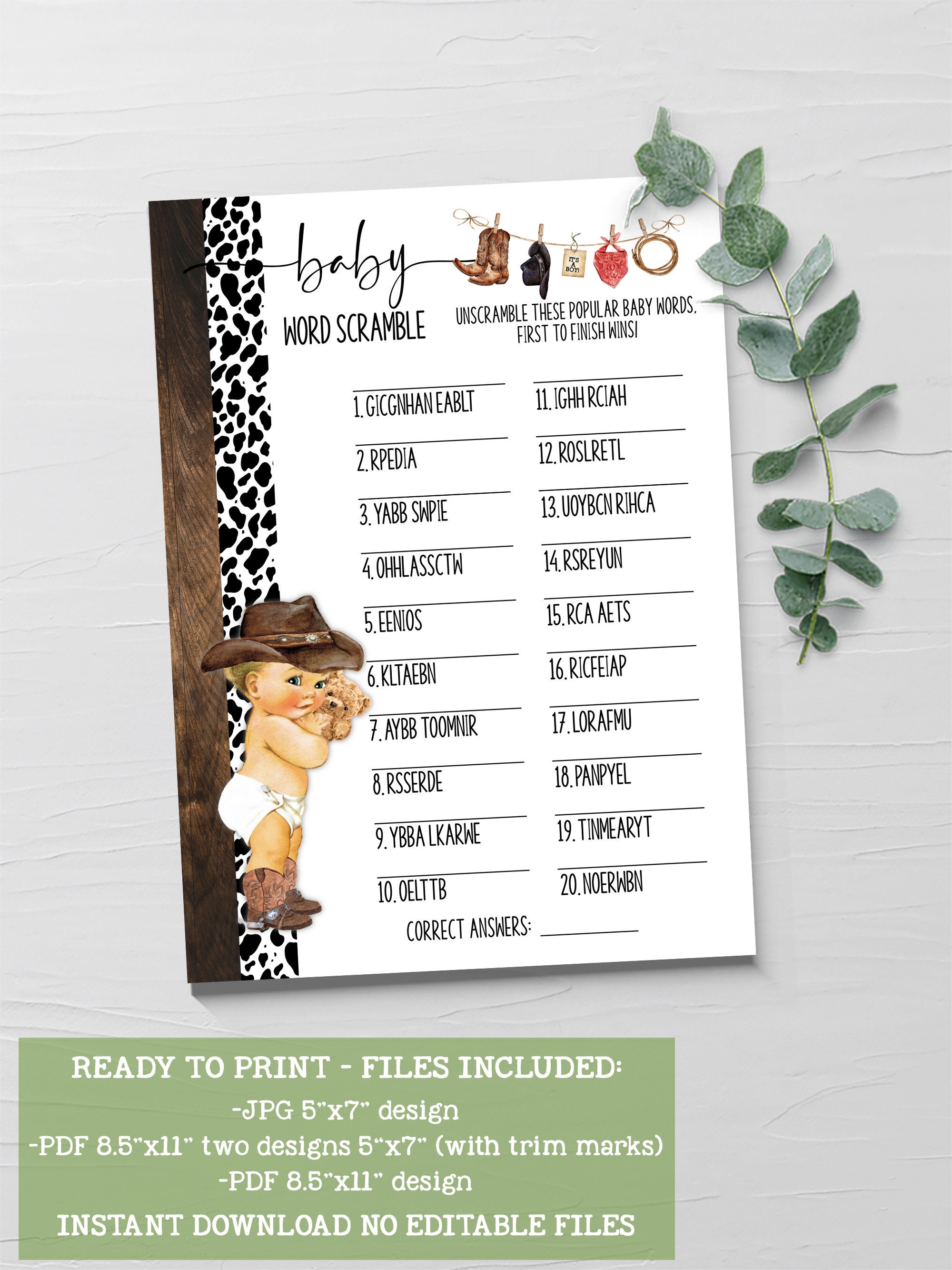 Cowboy Baby Word Scramble Baby Shower Game, Cow Country Western Chic ...